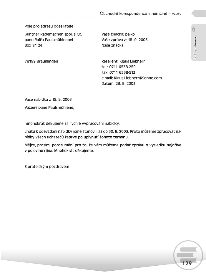 Kniha Obchodní korespondence v němčině + CD - vzorové dopisy, faxy a mailové zprávy v češtině i ...